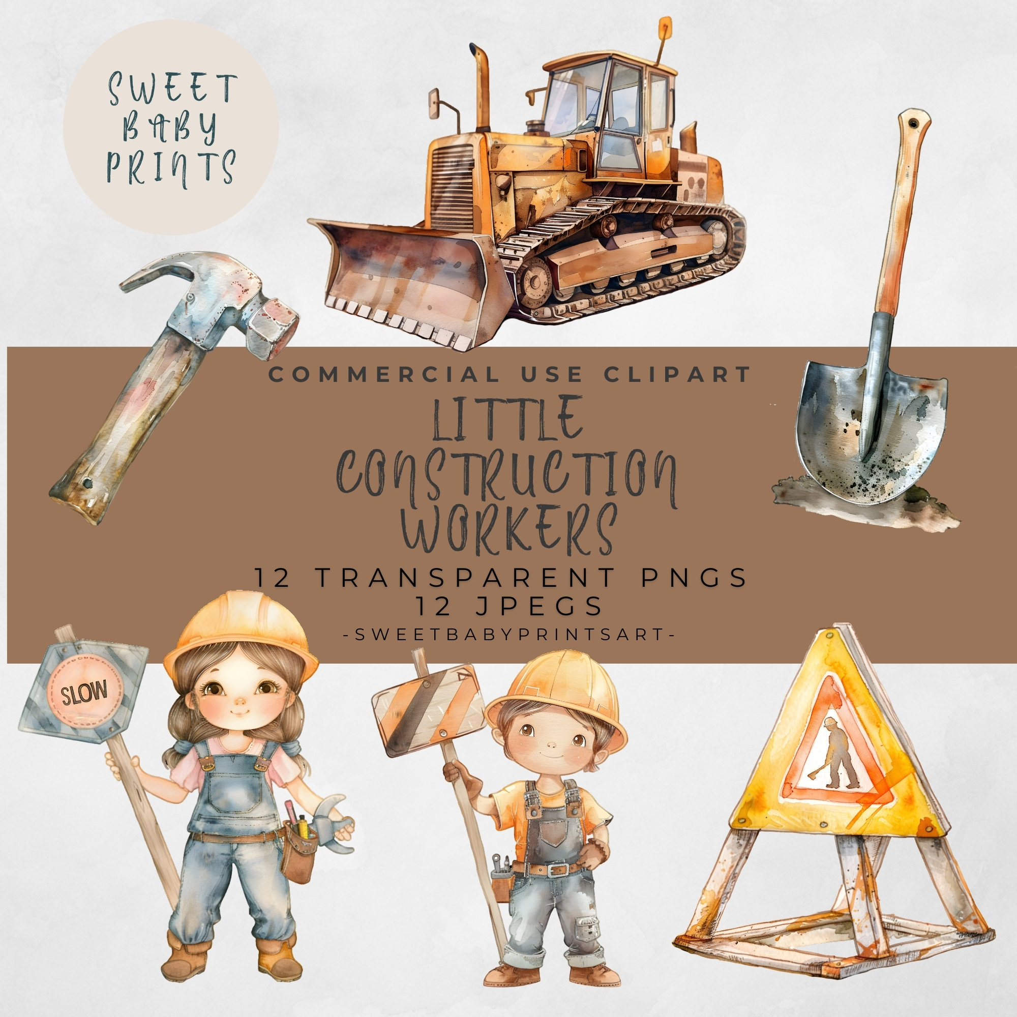 Kids Construction Worker Clipart, Watercolor Boy Nursery Art, Excavator ...
