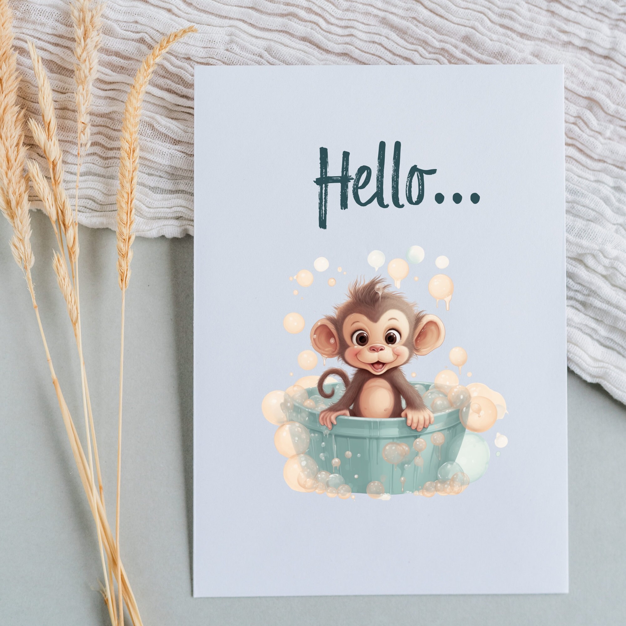Baby Monkey Bathtime Clipart Digital, Woodland Watercolor Forest Animal ...