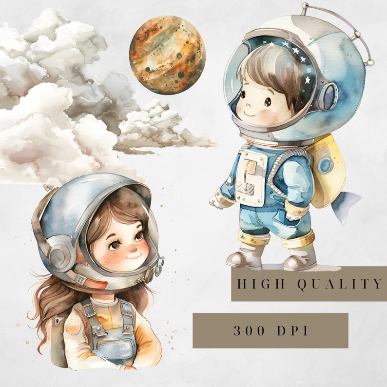 Watercolor Space Clipart Bundle Astronaut Rocket PNG Planets Moons ...