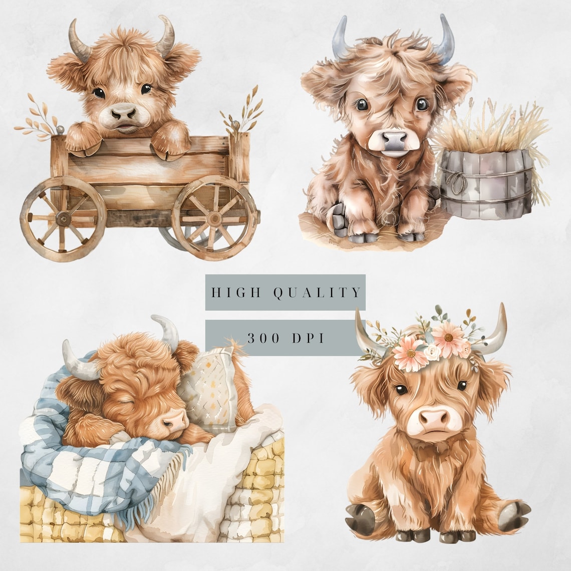 Highland Cow Baby Shower Clipart, Adorable Country Farm Animal ...