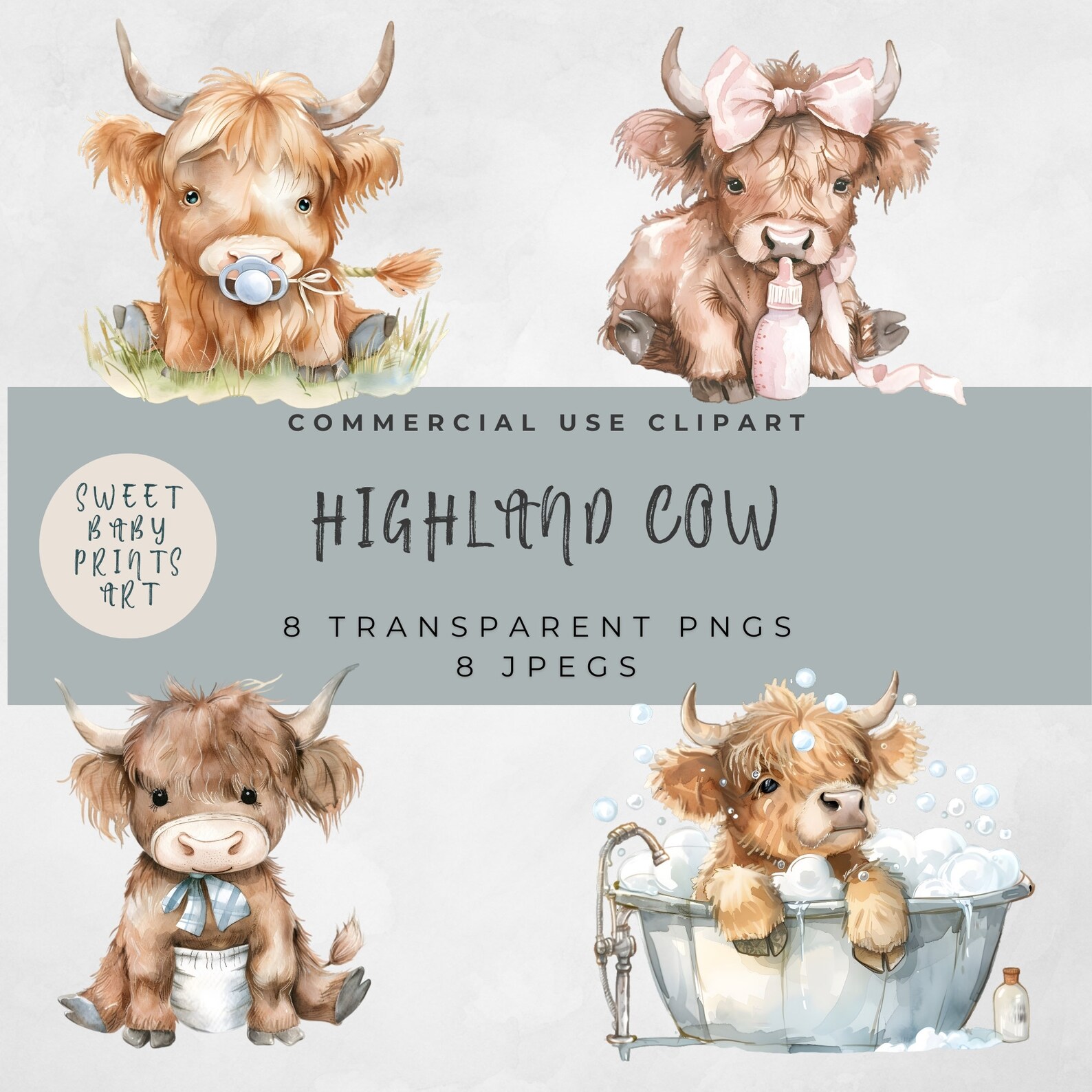 Highland Cow Baby Shower Clipart, Adorable Country Farm Animal ...