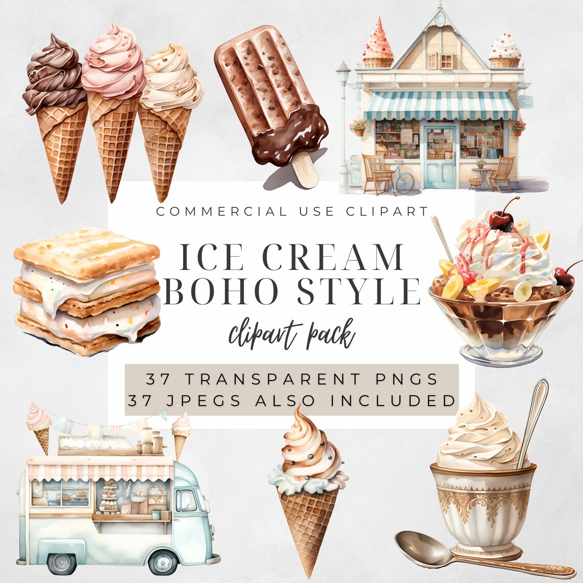 Ice Cream Clipart Boho Style, Watercolor Illustrations, Kids Summer ...