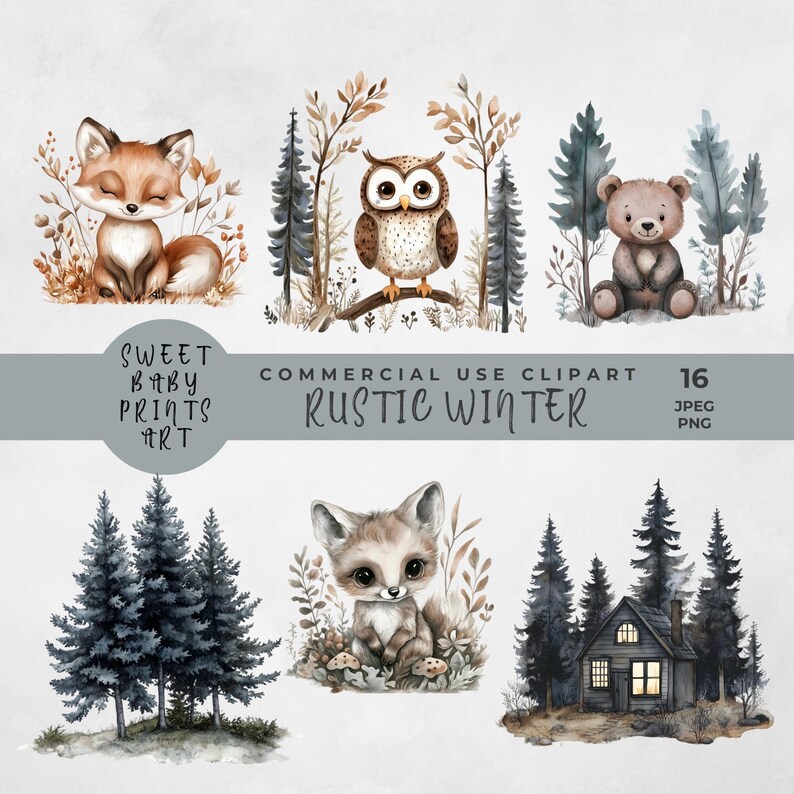 Rustic Winter Baby Watercolor Clipart, Watercolor Winter Woodland ...