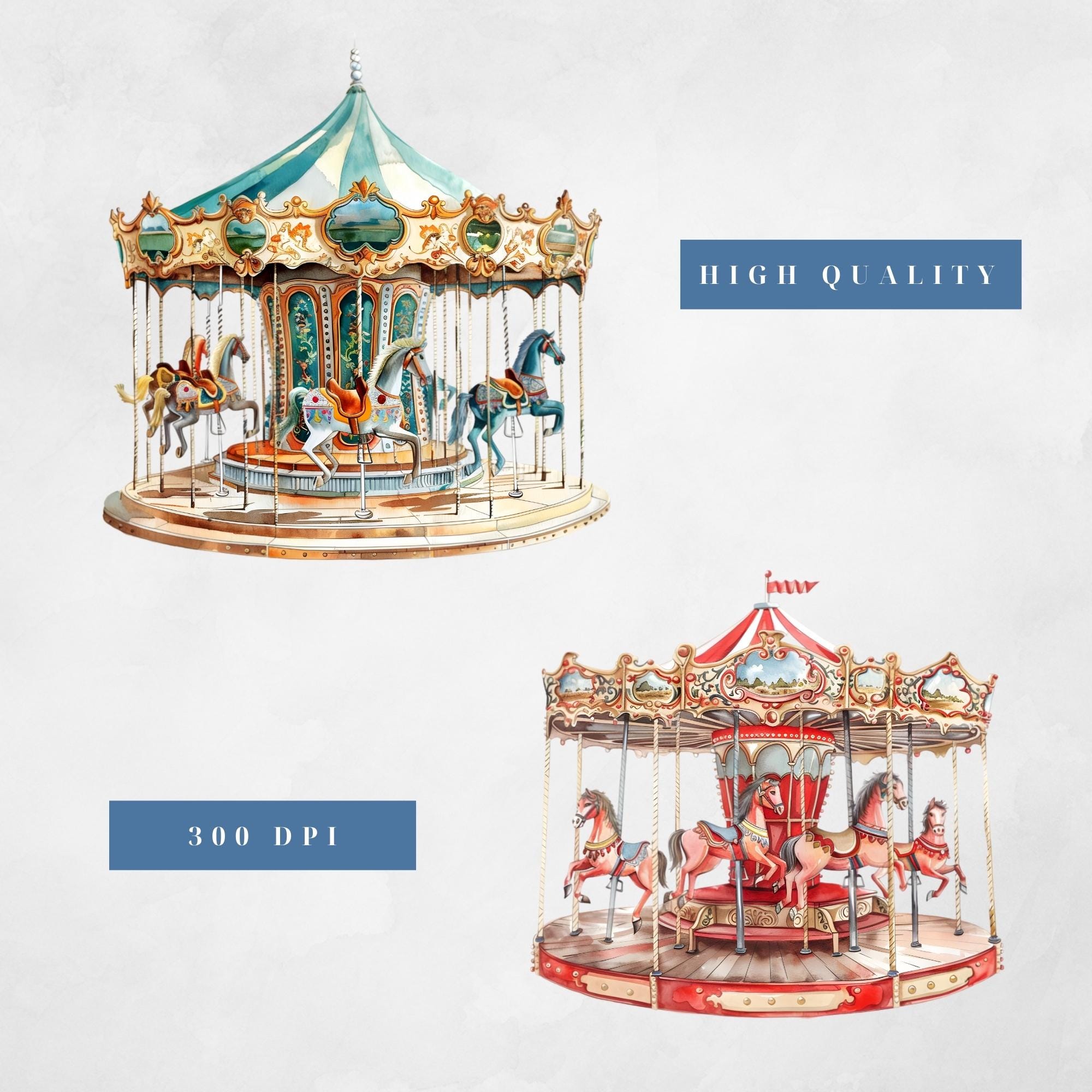 Colorful Carousels Clipart, Nursery Digital Prints, Baby Shower Images, Watercolor Horse ...