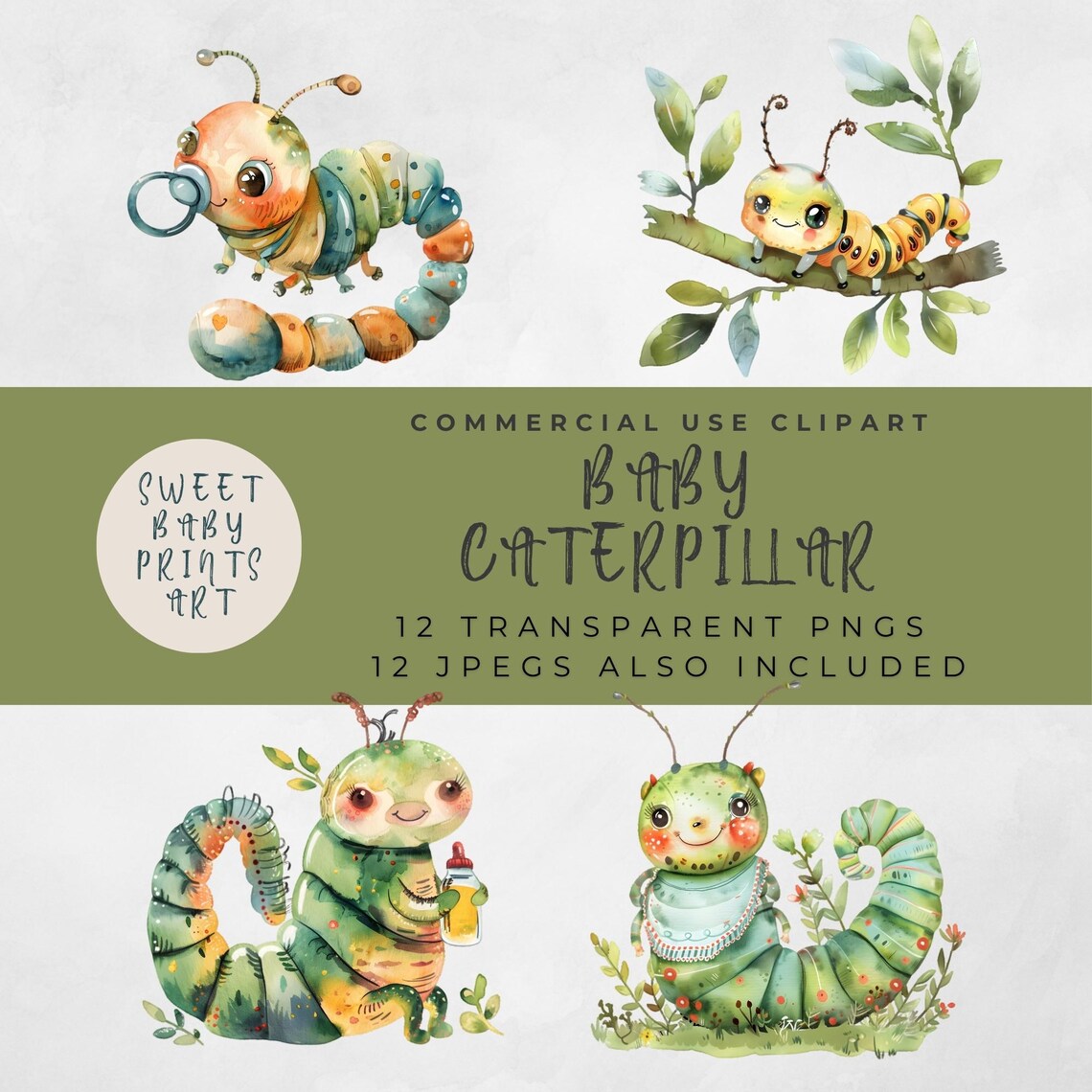 Watercolor Caterpillar Clipart, Cute Bugs Insect Clipart, Childrens ...