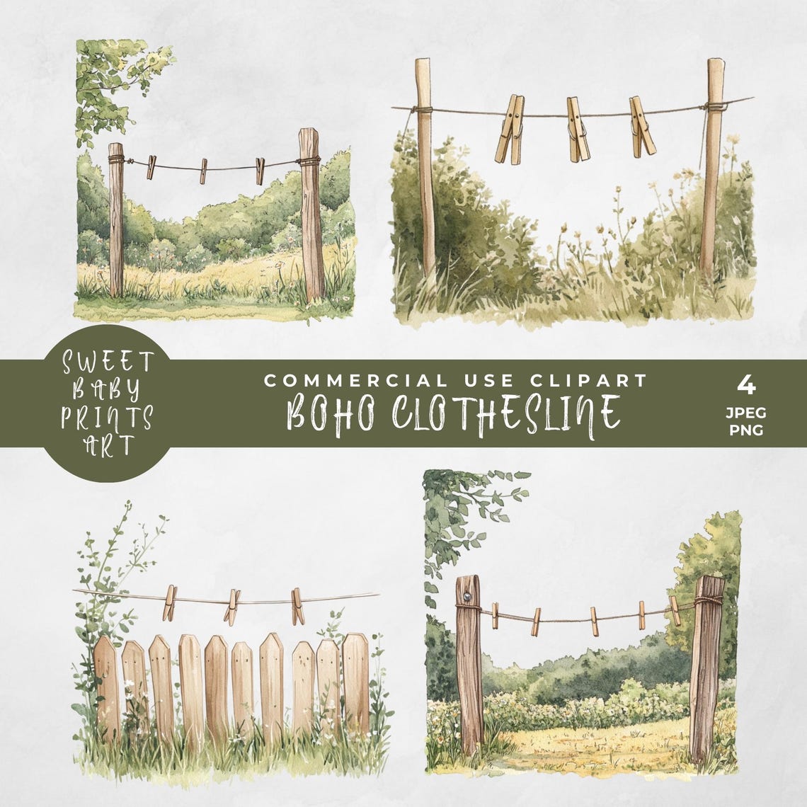 Watercolor Boho Clothesline Images, Baby Clothesline Illustrations for ...