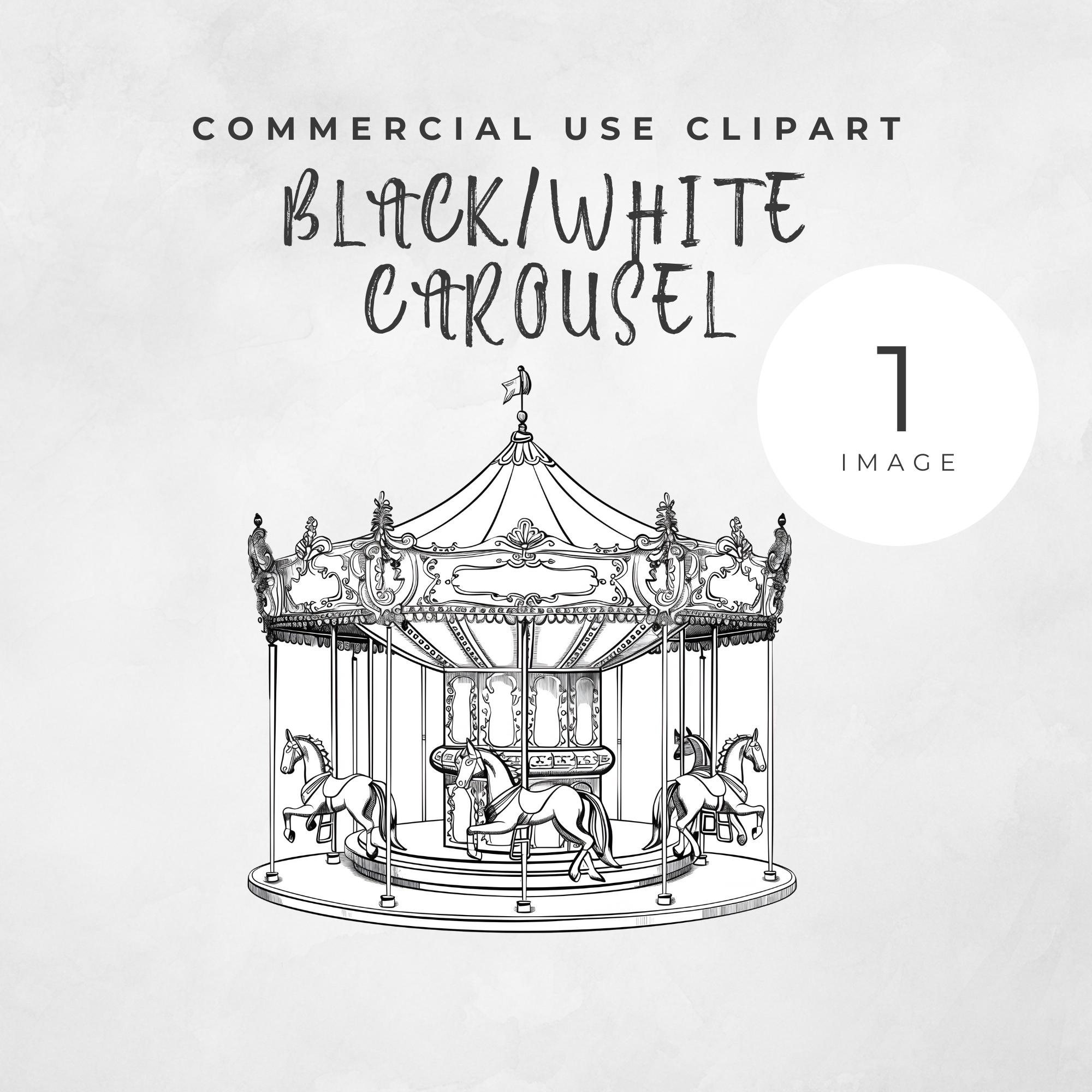 Black and White Carousel Clipart, Whimsical Image, Single Clipart ...