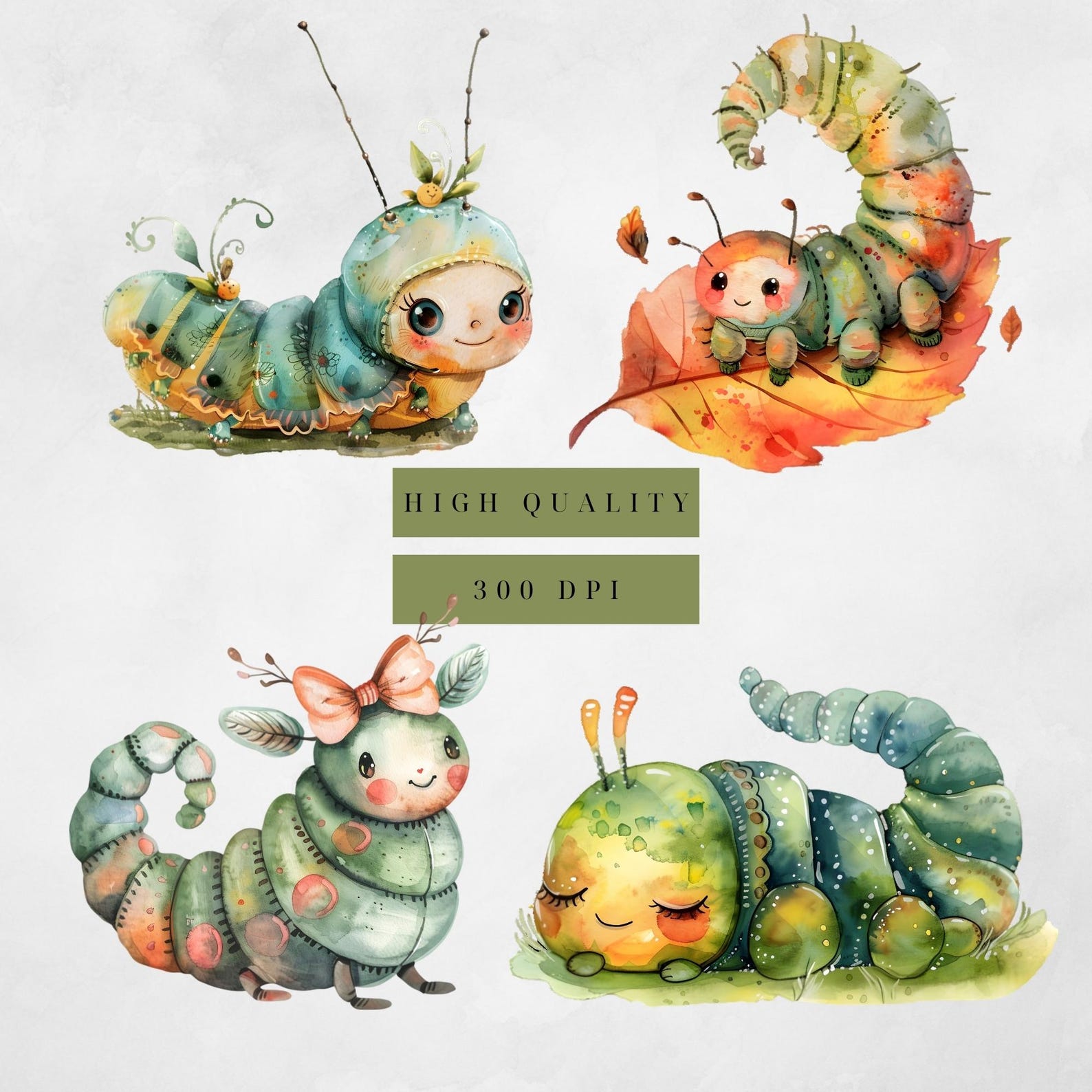 Watercolor Caterpillar Clipart, Cute Bugs Insect Clipart, Childrens ...