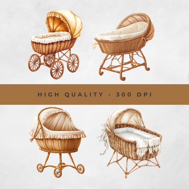 Baby Bassinets Clipart, Vintage Stroller, Baby Carriage Illustrations ...