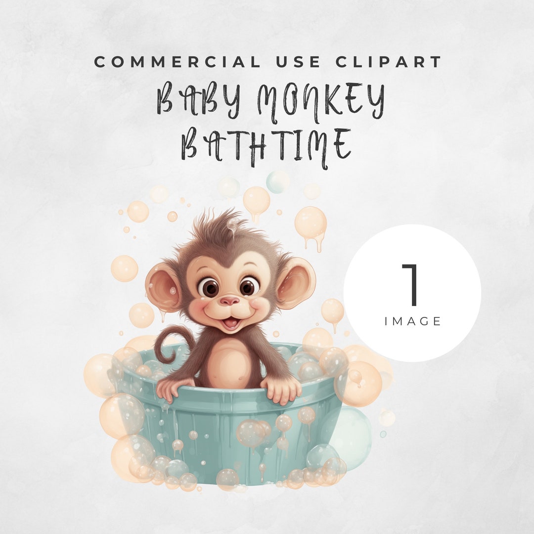 Baby Monkey Bathtime Clipart Digital, Woodland Watercolor Forest Animal ...