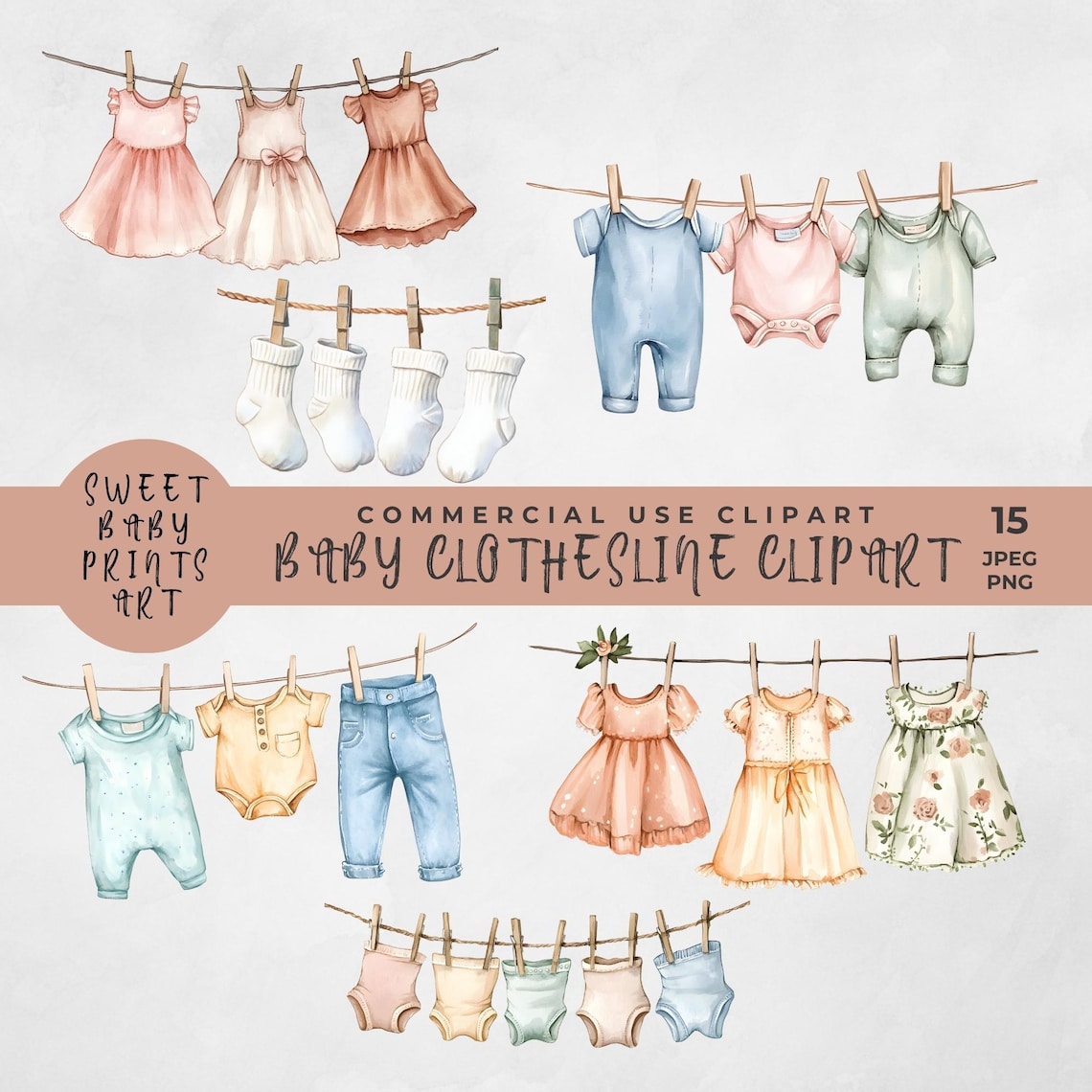 Baby Clothes Line Clipart Watercolor Newborn Clothesline Clip Art ...