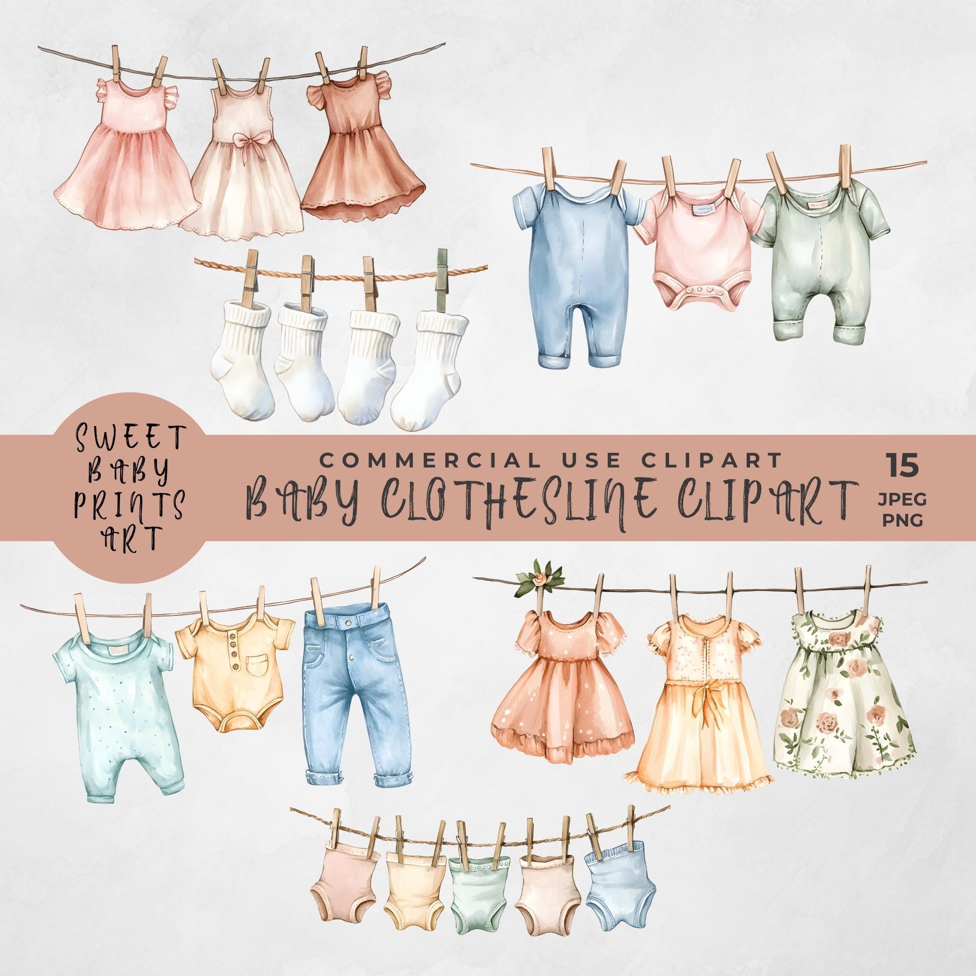 Baby Clothes Line Clipart Watercolor Newborn Clothesline Clip Art ...
