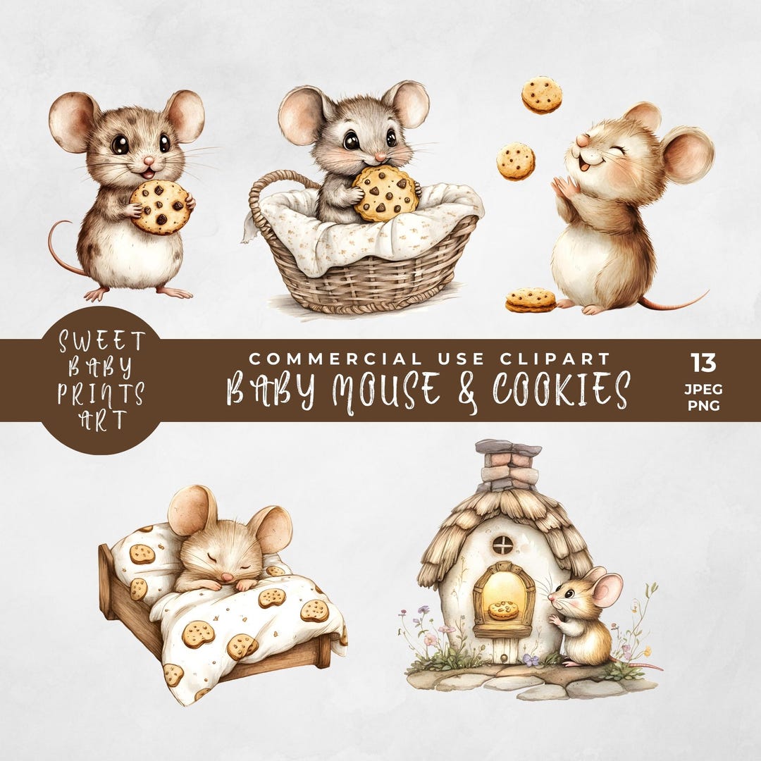 Baby Mouse and Cookies Watercolor Clipart, Baby Animal Images for ...
