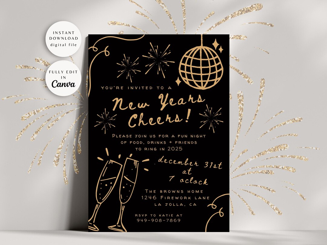 New Years Eve Party Invite, New Years Hand Drawn Invitation, NYE ...
