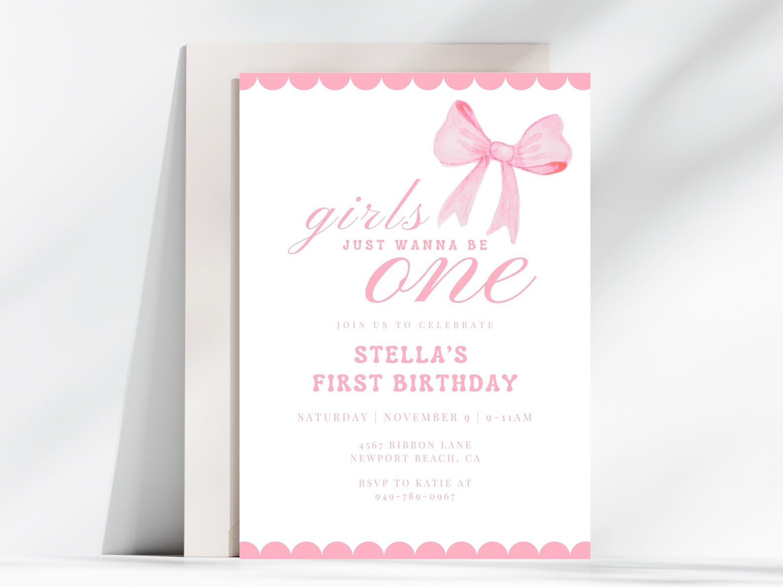 Editable Pink Bow Birthday Invitation, Bow First Birthday Invite, Girls ...