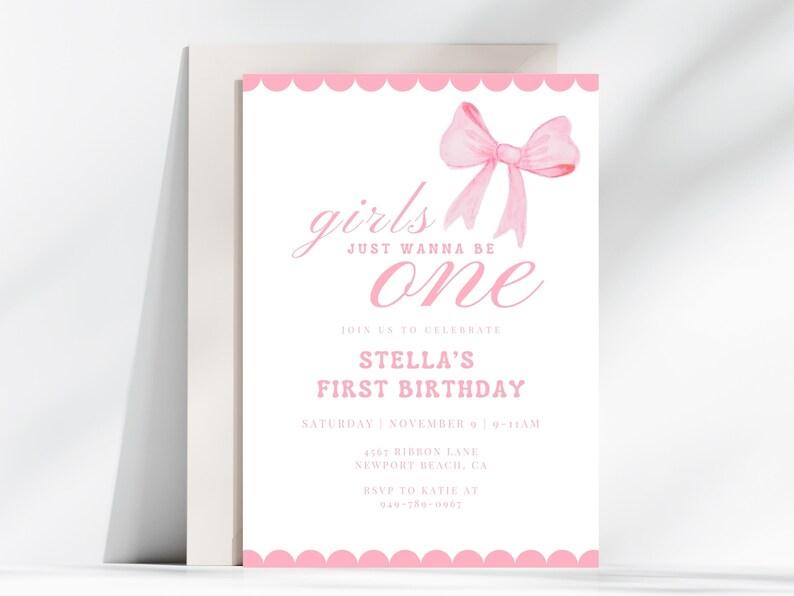 Editable Pink Bow Birthday Invitation, Bow First Birthday Invite, Girls ...