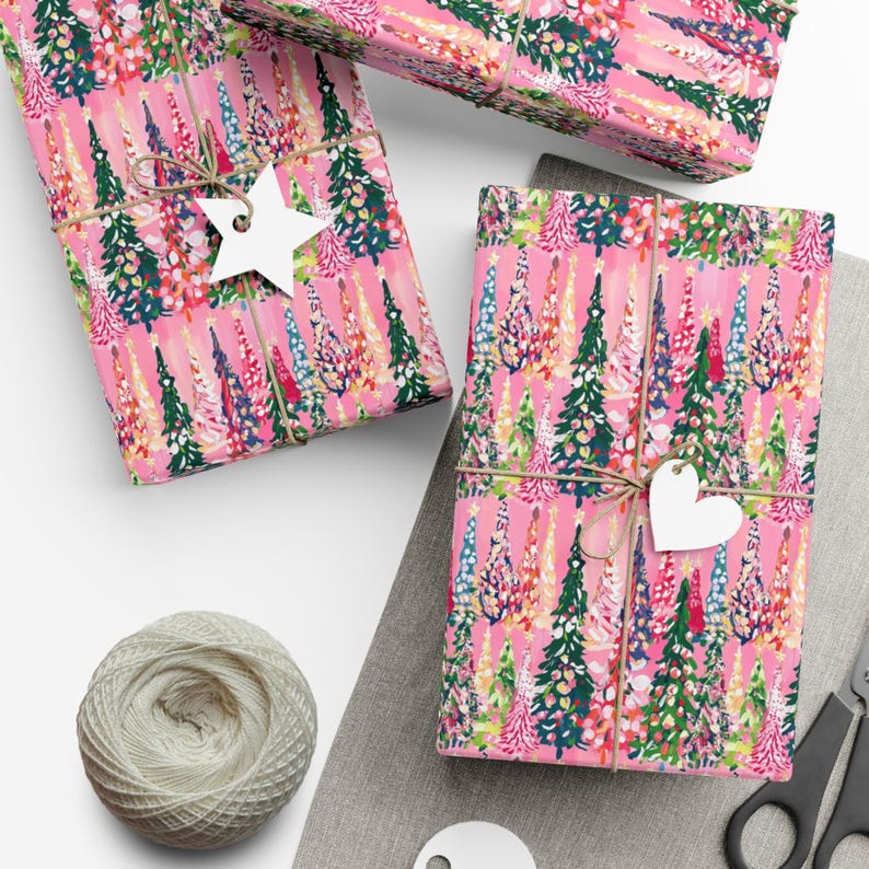 Christmas Wrapping Paper, Preppy Christmas Trees on Pink Wrapping Paper ...