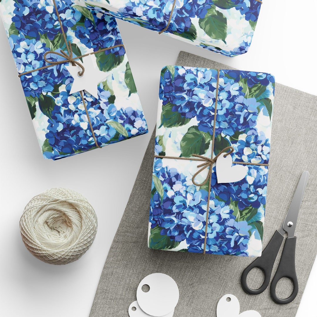 Blue Floral Wrapping Paper, Deep Blue Hydrangea Painting Wrapping Paper ...