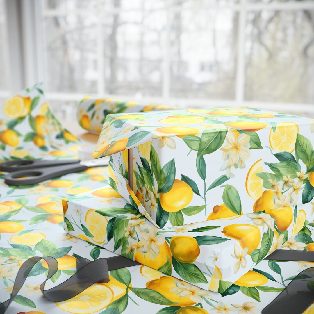 Lemon Wrapping Paper, Light Blue Lemon Wrapping Paper, Cute Lemon ...