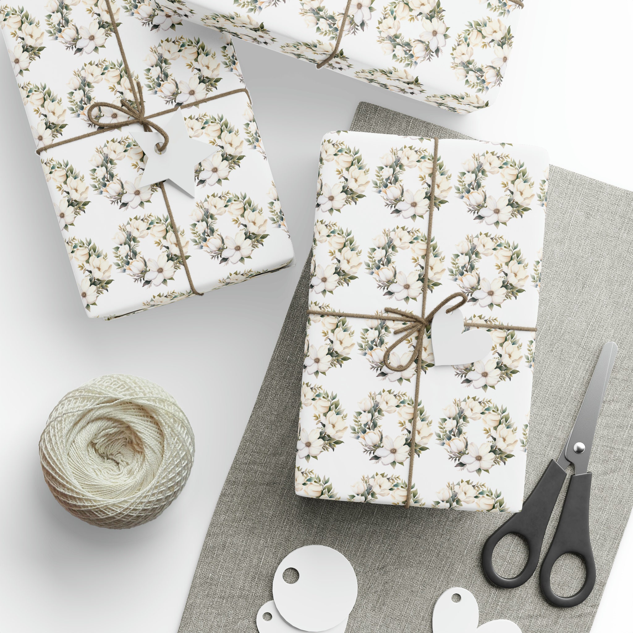 Magnolia Weath Wrapping Paper, White Floral Wrapping Paper, Floral ...