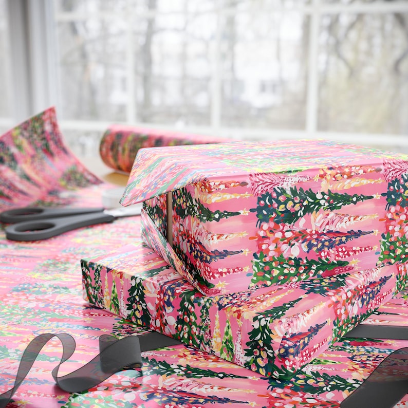 Christmas Wrapping Paper, Preppy Christmas Trees on Pink Wrapping Paper ...
