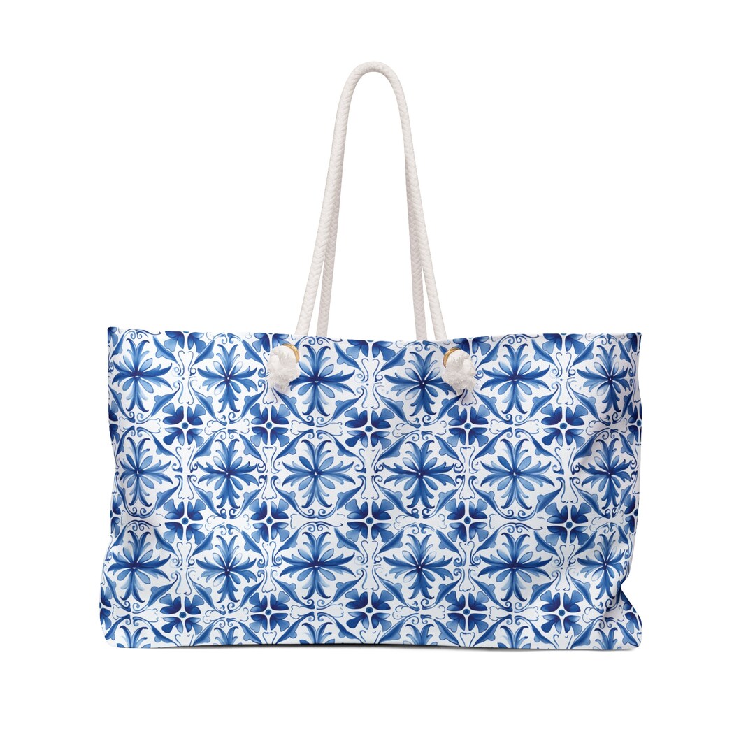 Tote Bag, Blue and White Tile Weekender Bag, Weekend Bag, Weekend Tote ...