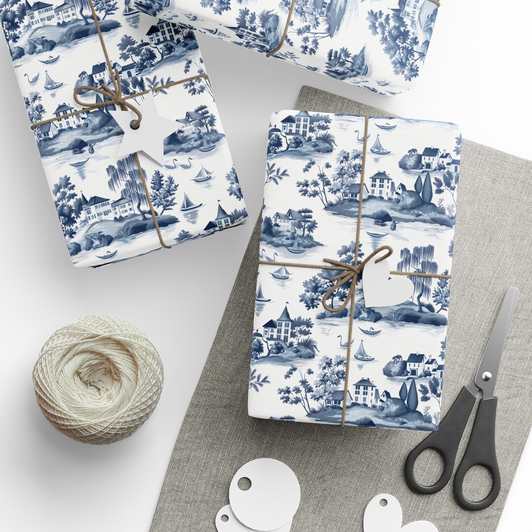 French Town Chinoiserie Wrapping Paper, Navy Blue French Town Toile ...