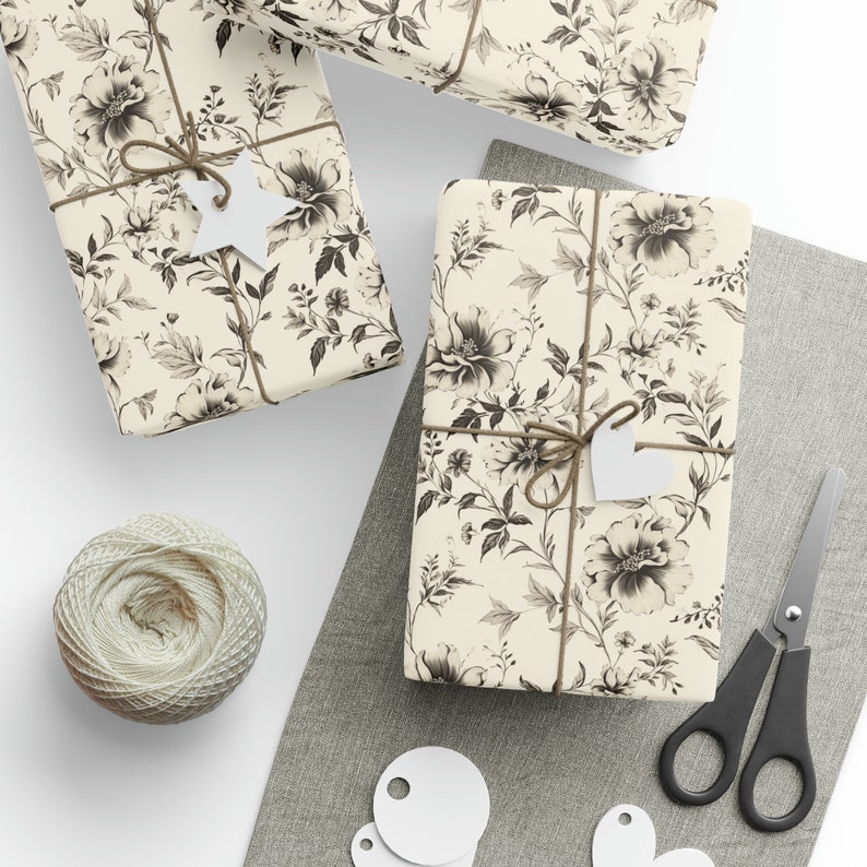 Black and Beige Floral Wrapping Paper, French Toile Style Floral ...