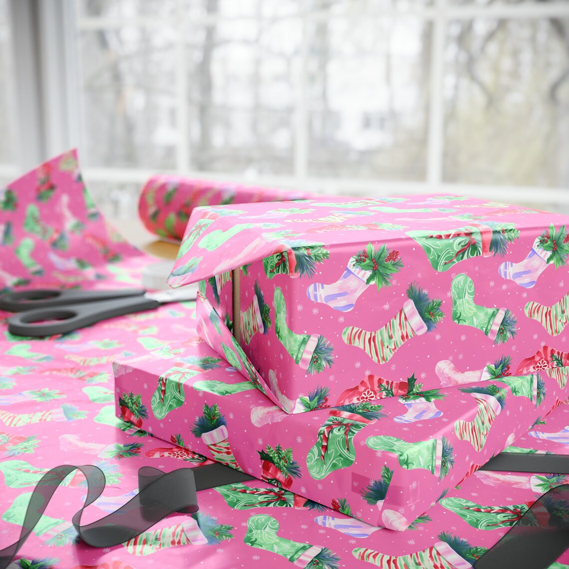 Christmas Wrapping Paper, Pink Stocking Wrapping Paper, Pink Christmas ...