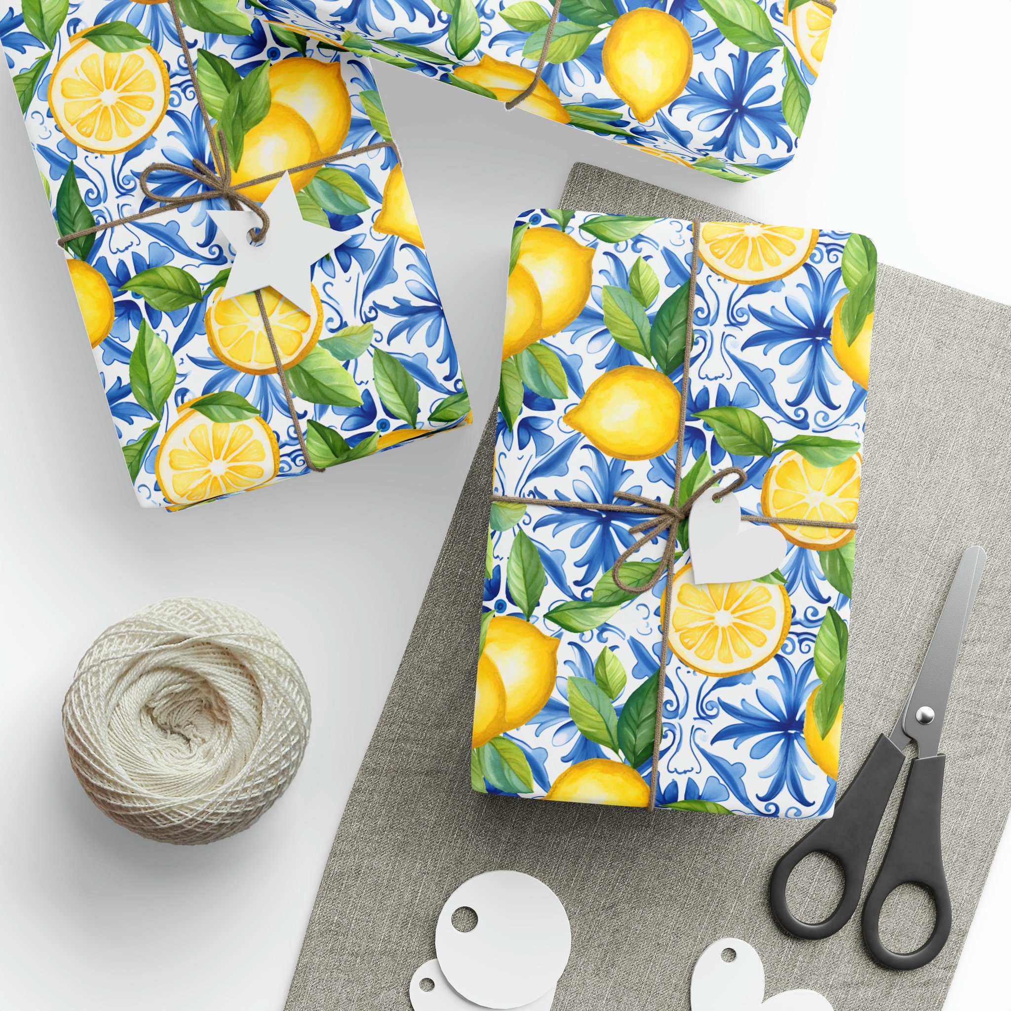 Lemon Wrapping Paper, Wrapping Paper, Blue Tile Wrapping Paper, Gift ...