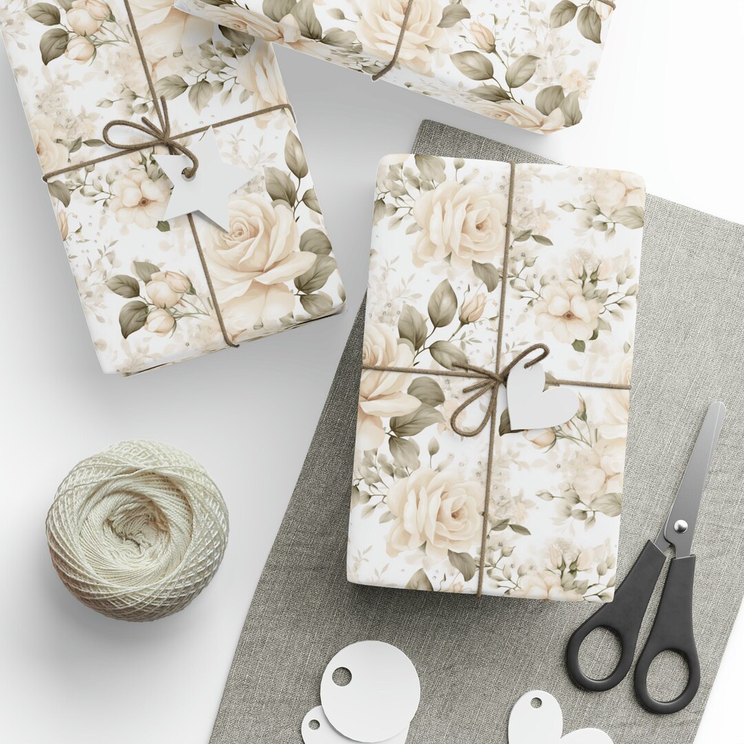 Floral Wrapping Paper, Ivory Roses Wrapping Paper, Wrapping Paper, Gift ...