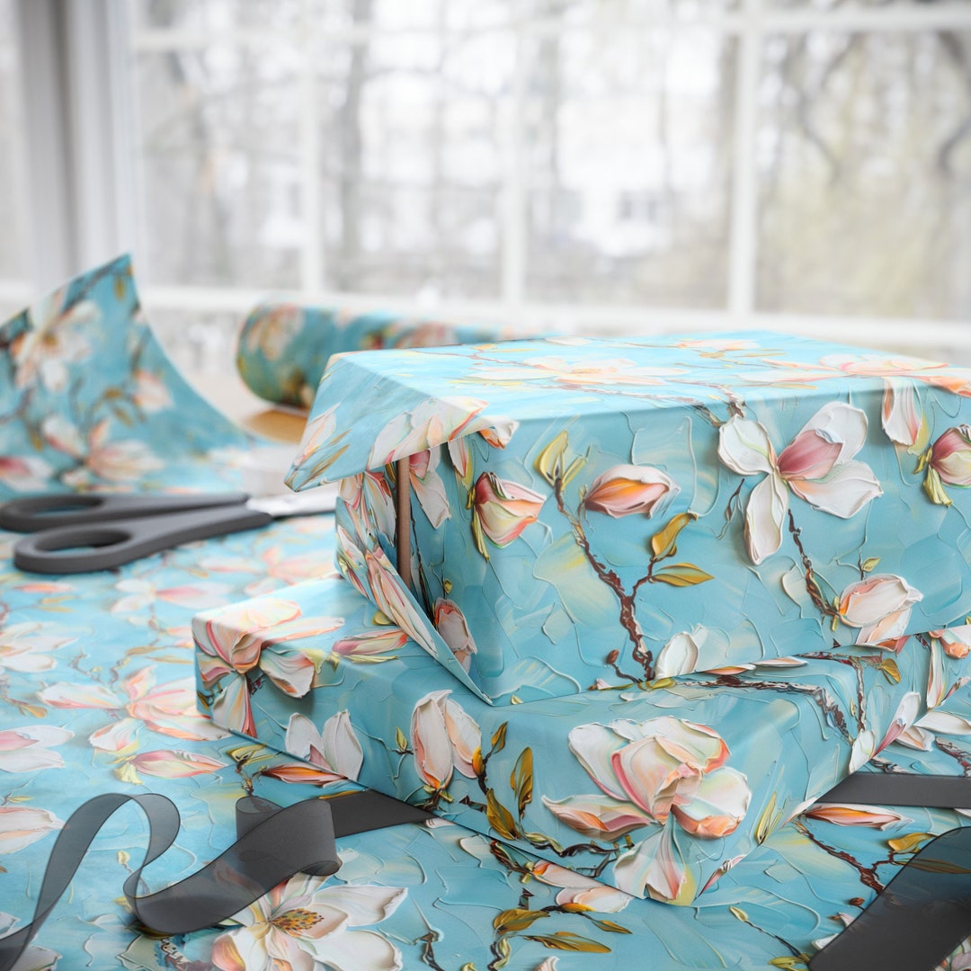 Magnolias on Light Blue Wrapping Paper, Magnolia Wrapping Paper, Floral ...