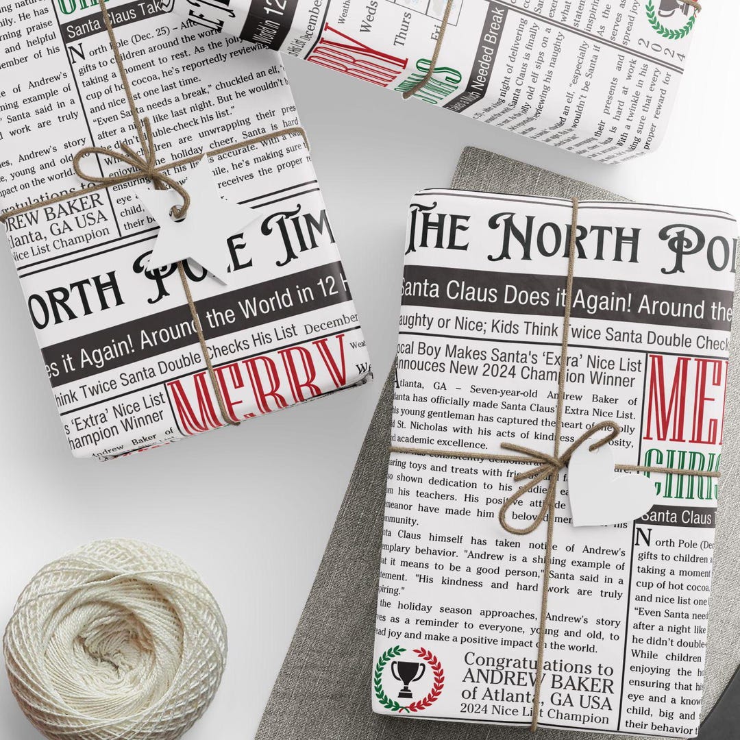 Custom Christmas Wrapping Paper, North Pole Newspaper Christmas ...