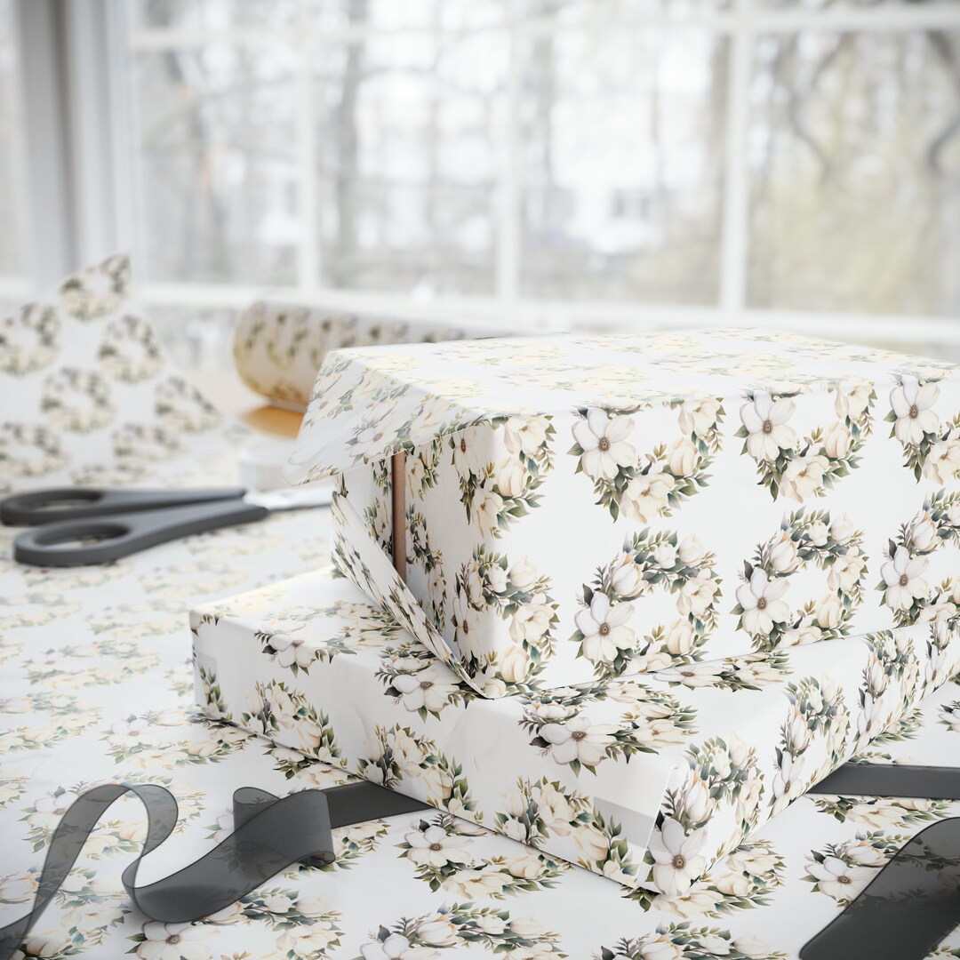 Magnolia Weath Wrapping Paper, White Floral Wrapping Paper, Floral ...