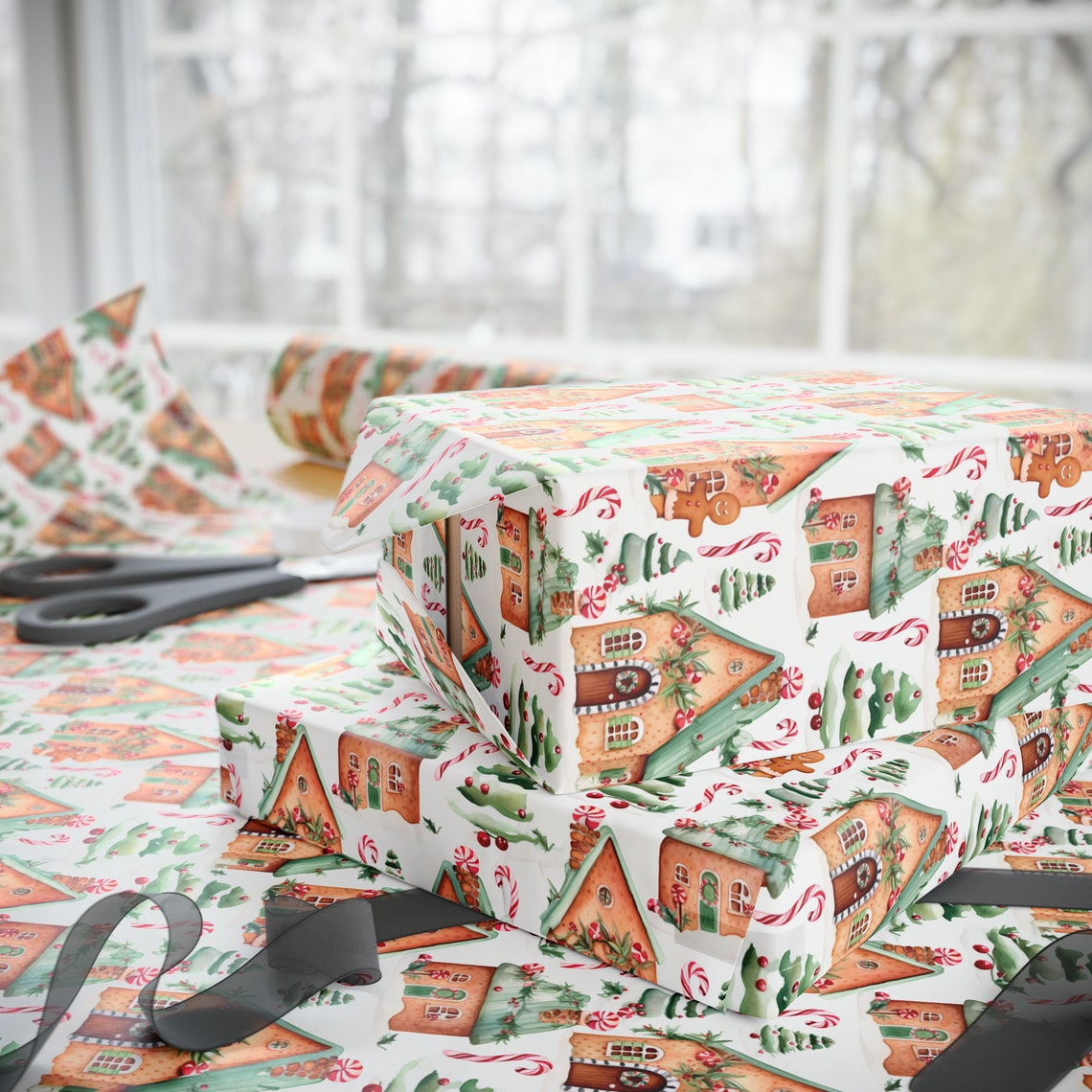 Christmas Wrapping Paper, Gingerbread House Wrapping Paper, Christmas ...