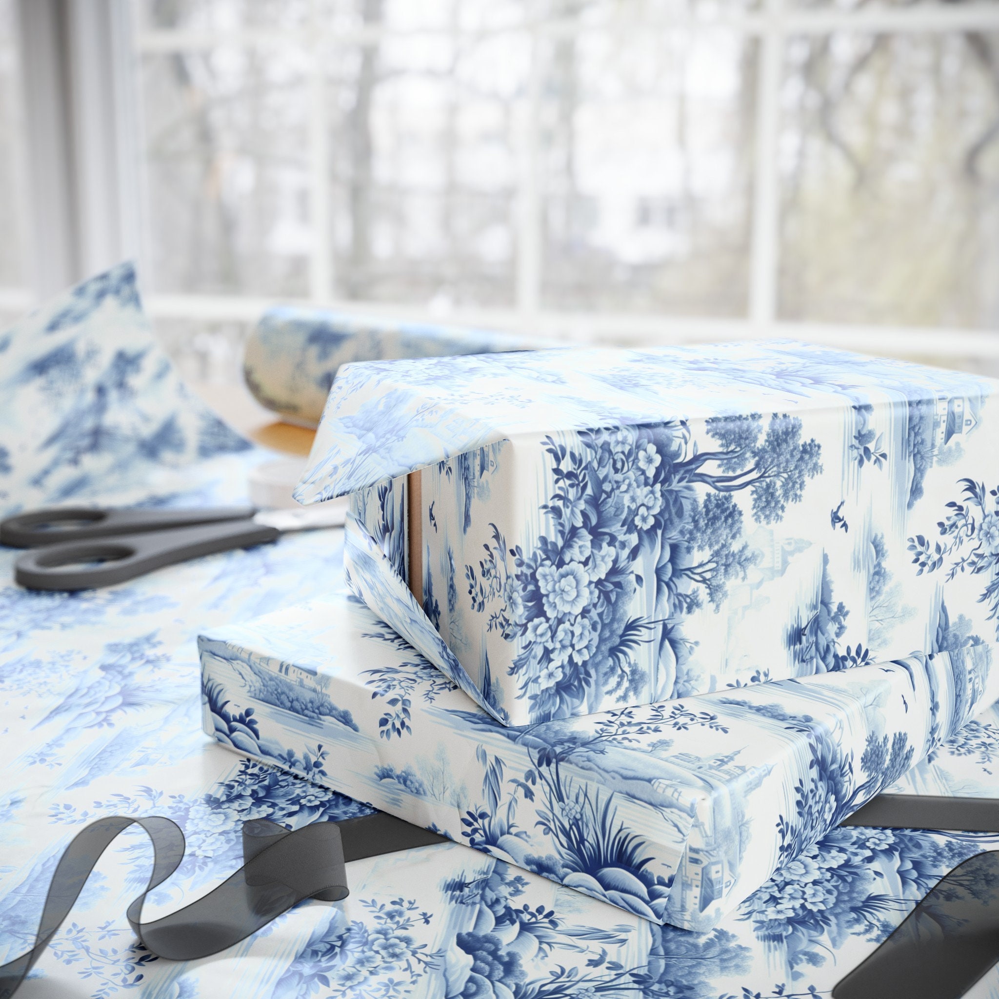 Chinoiserie Toile Wrapping Paper, Navy Blues and off White Toile ...