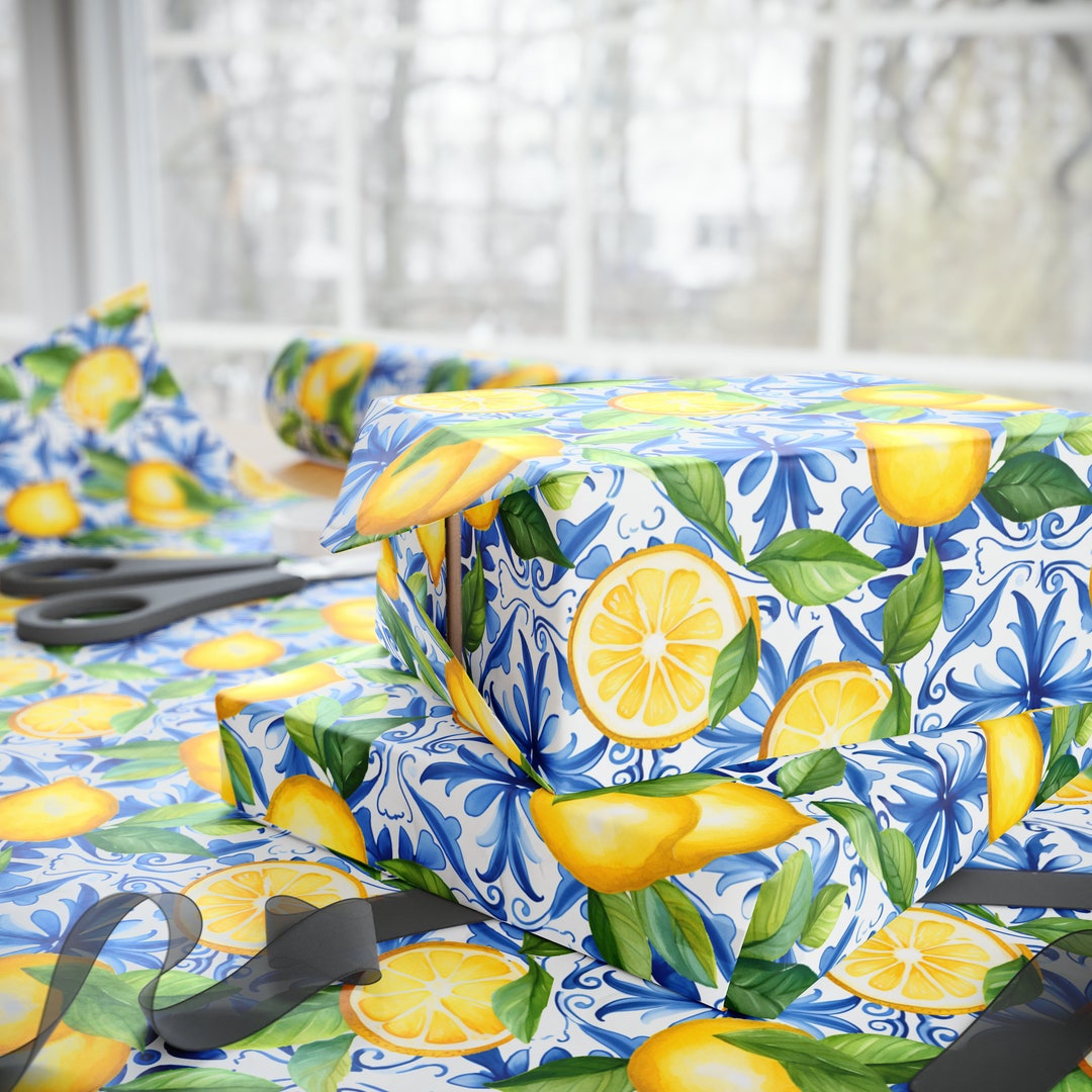 Lemon Wrapping Paper, Blue Tile Lemon Wrapping Paper, Lemon Gift ...