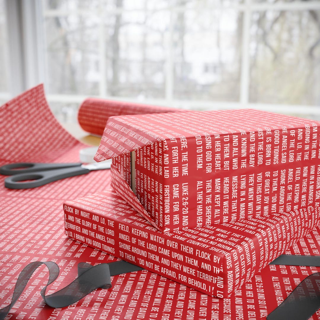 Christmas Wrapping Paper, Bible Scripture Red Wrapping Paper, Luke 2; 6 ...