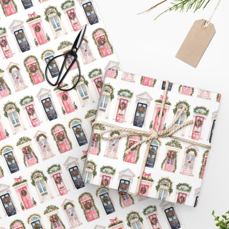 Preppy Christmas Wrapping Paper, Front Door Holiday Design - Etsy