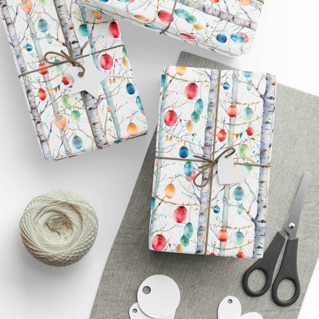 Christmas Wrapping Paper, Birch Trees With Ornaments Wrapping Paper ...