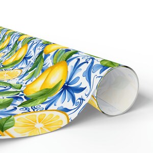 Lemon Wrapping Paper, Blue Tile Lemon Wrapping Paper, Lemon Gift ...