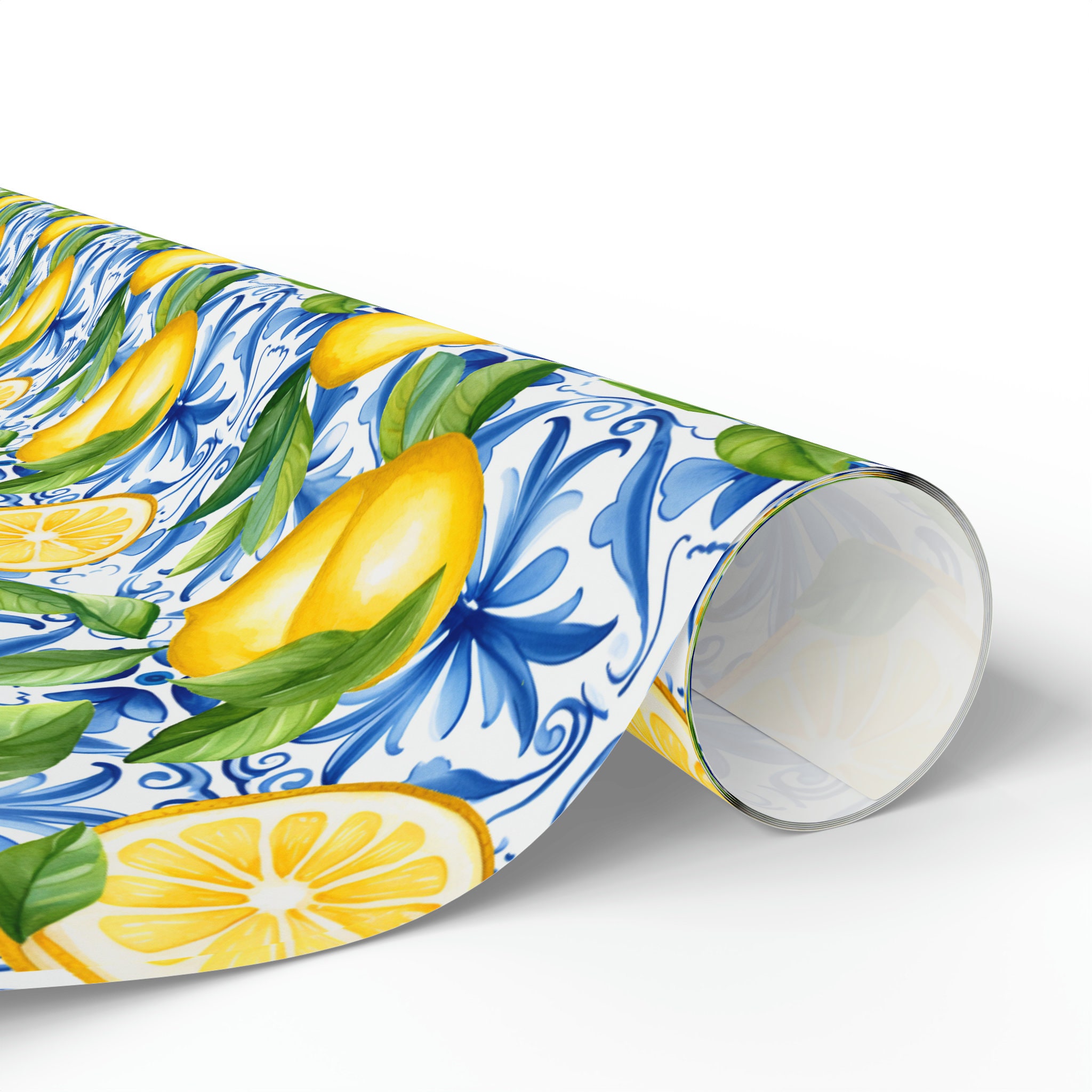 Lemon Wrapping Paper, Wrapping Paper, Blue Tile Wrapping Paper, Gift ...