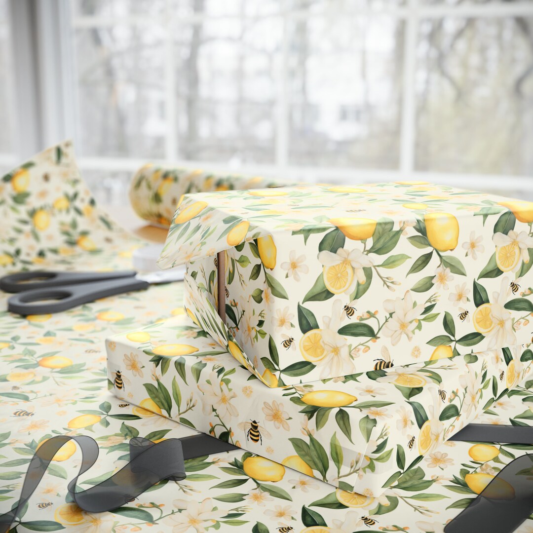 Lemon and Bumble Bee Wrapping Paper, Lemon Wrapping Paper, Yellow ...