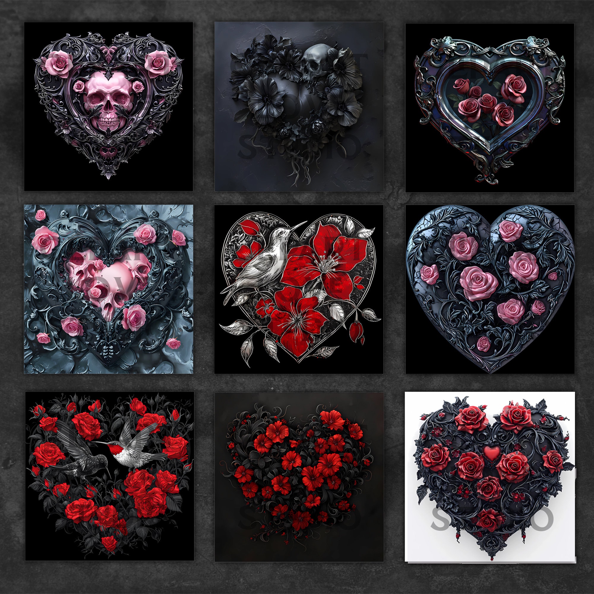 Gothic Hearts & Skulls Package 1, Clipart, 50 Digital Images in JPG ...