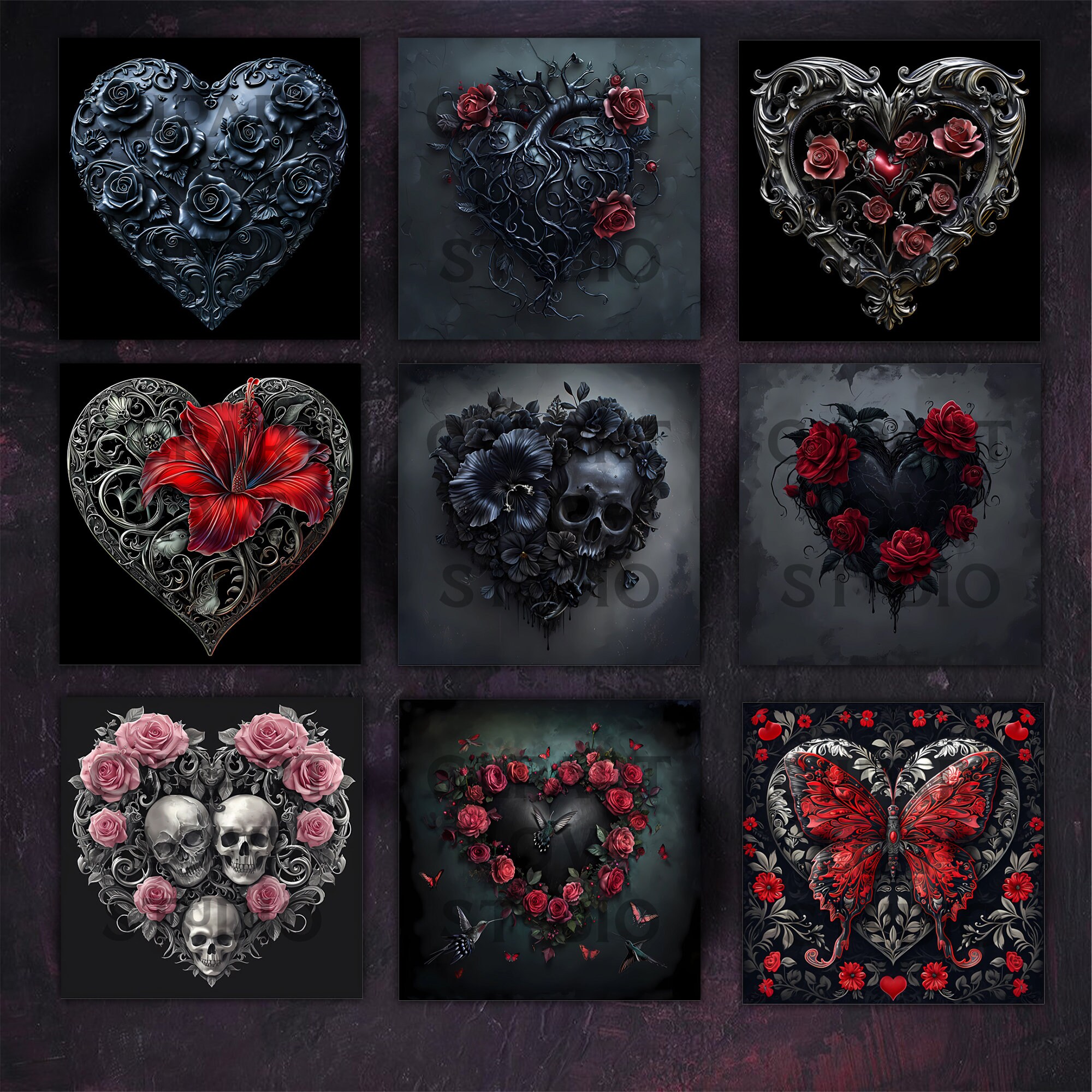 Gothic Hearts & Skulls Package 2, Clipart, 50 Digital Images in JPG ...