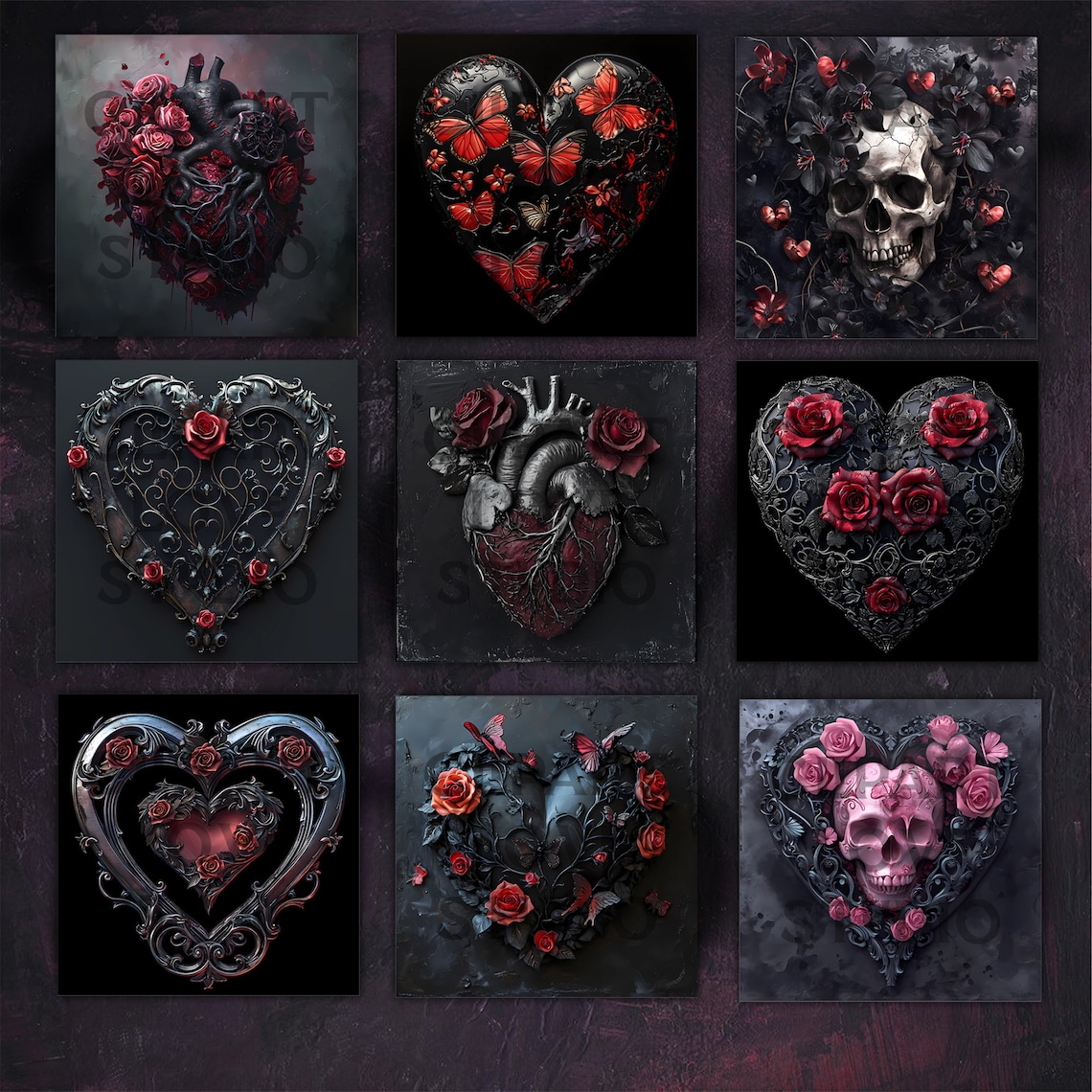 Gothic Hearts & Skulls Package 2, Clipart, 50 Digital Images in JPG ...