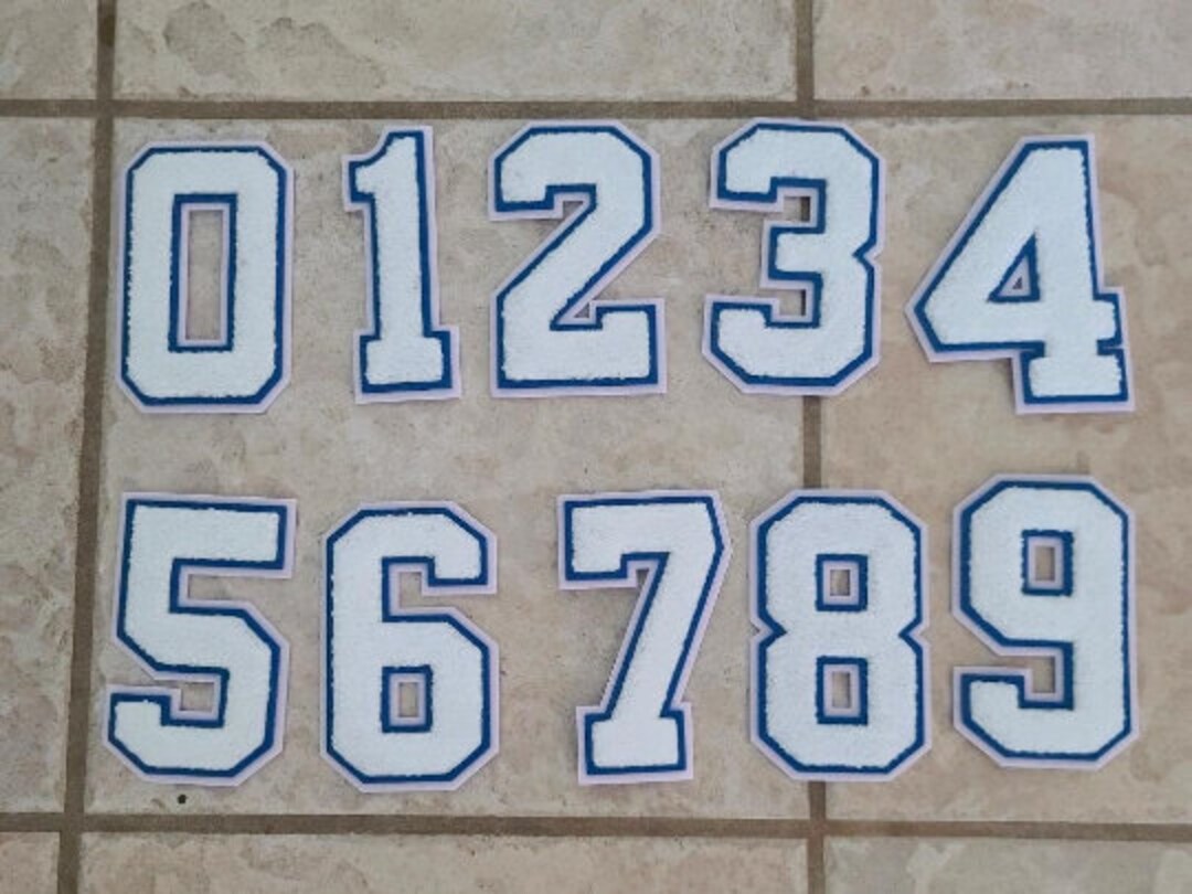 White Chenille 8 With Royal and White Trim Numbers Iron On Cheer Sports ...