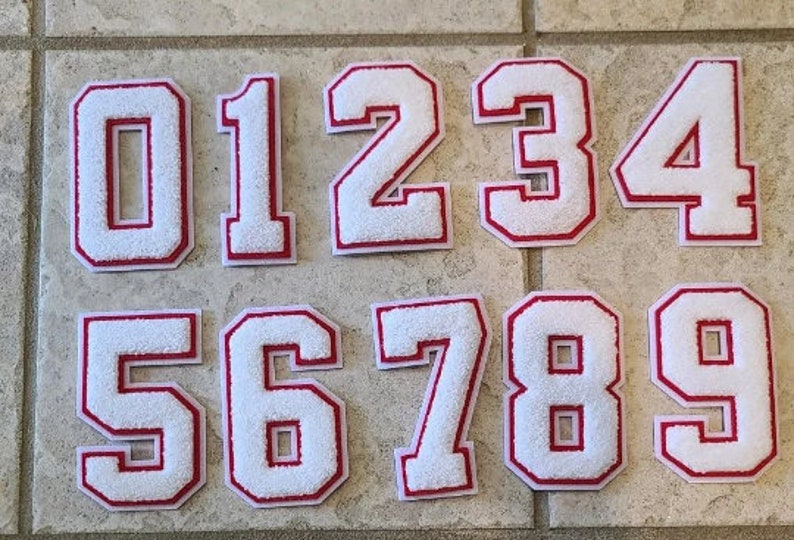 Red and White 5 Inch Chenille Numbers Sports Fraternity Sorority Cheer ...
