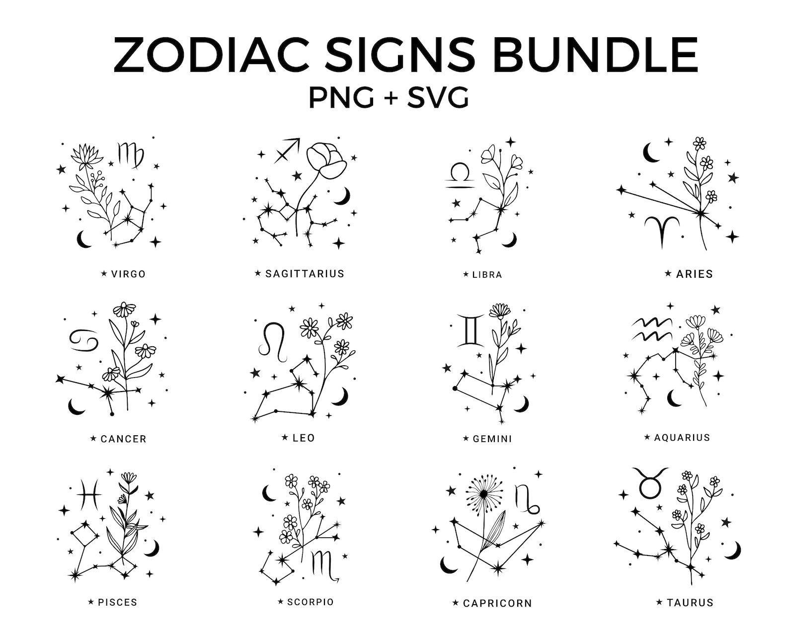 Zodiac Bundle SVG, Zodiac SVG Designs, Horoscope PNG Bundle ...