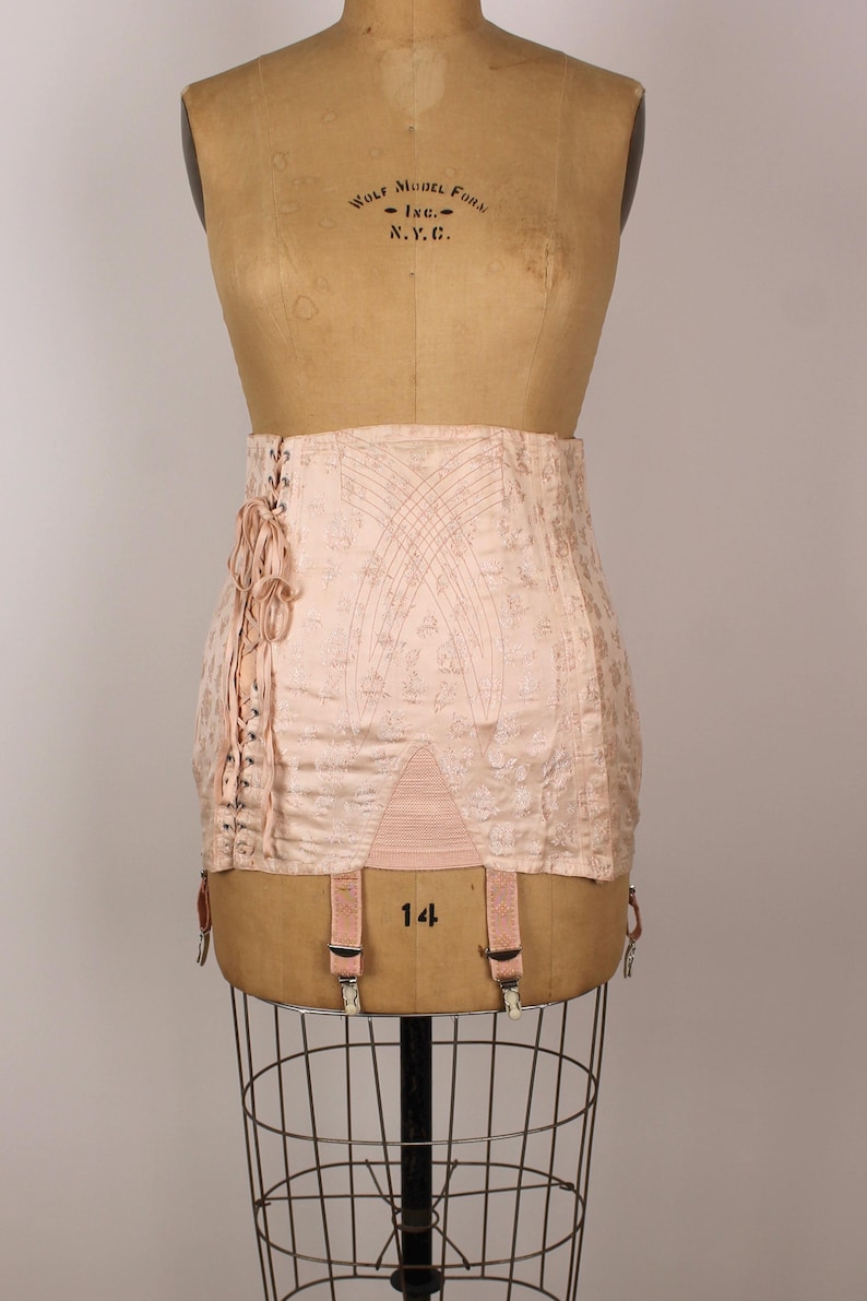 1940s Vintage Samaritaine Corset, Pink Brocade Girdle With Front Lacing ...